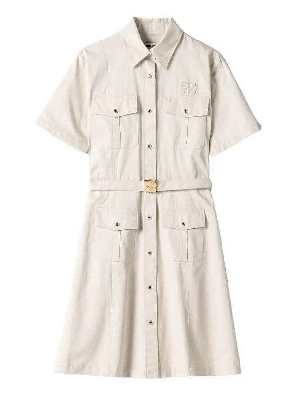 Miu Miu Logo-patch Belted Shirt Dress - Limestone
