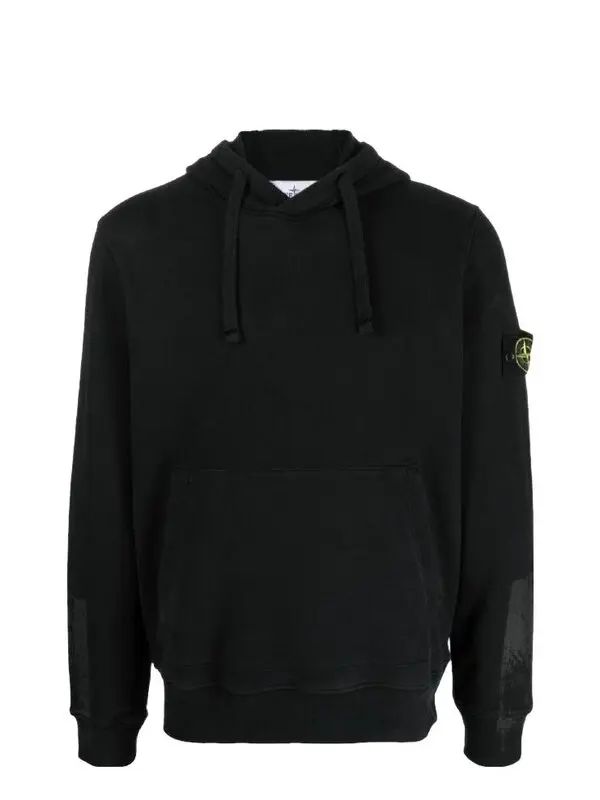 Stone Island Logo Patch Drawstring Hoodie - Black