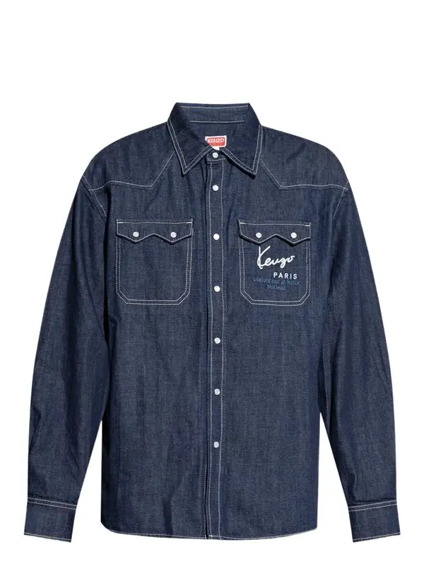 Kenzo Logo Embroidered Buttoned Denim Shirt - Blue