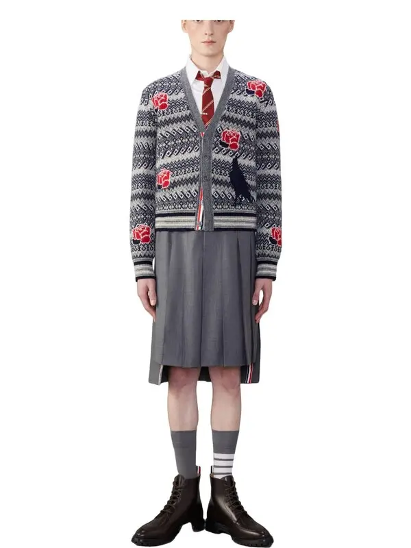 Thom Browne V-neck Rose And Raven Knitted Cardigan - Gray