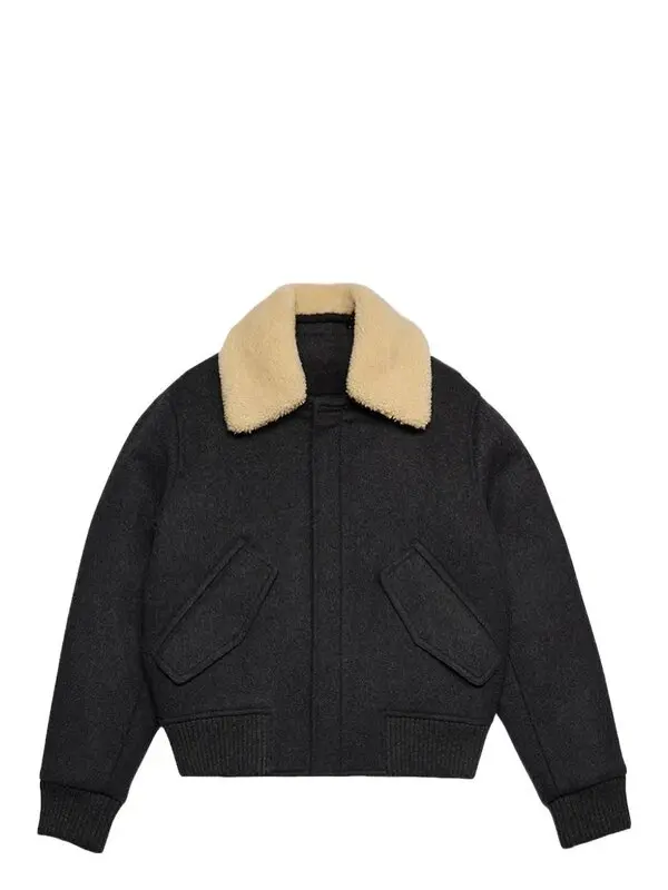 Ami Shearling Collar Wool Bomber Jacket - Black