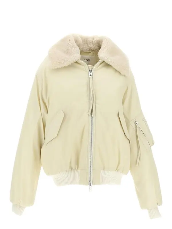 Ami Zipped Boxy Bomber Jacket With Removable Collar - Nude