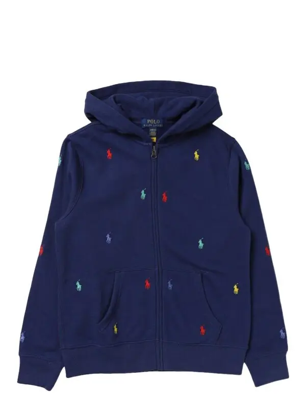 Polo Ralph Lauren Embroidered Logo Hooded Zip-up Sweater - Blue