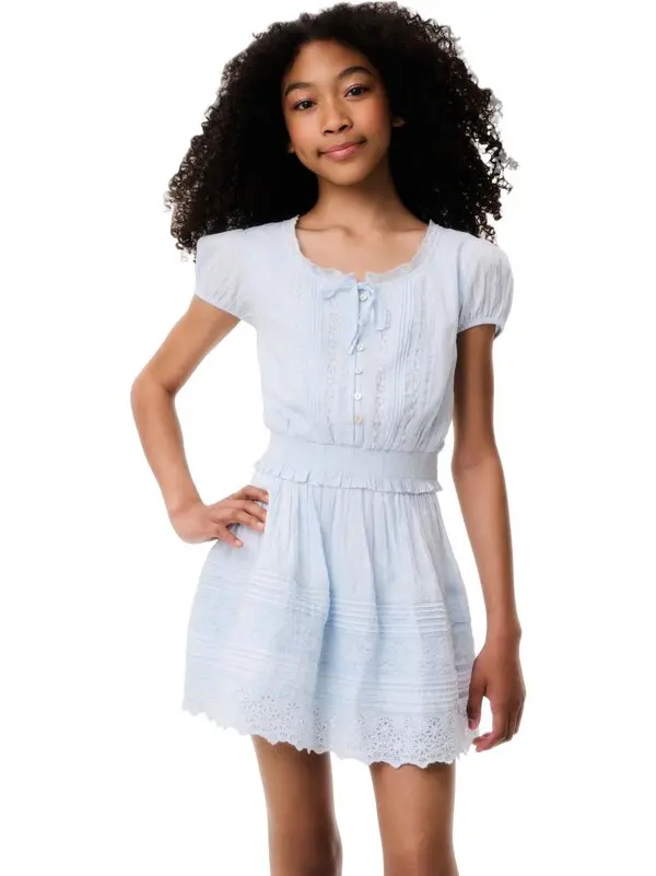 LoveShackFancy Tween Shoreline Cotton Top With Puff Sleeves And Lace Details - Blue Finch
