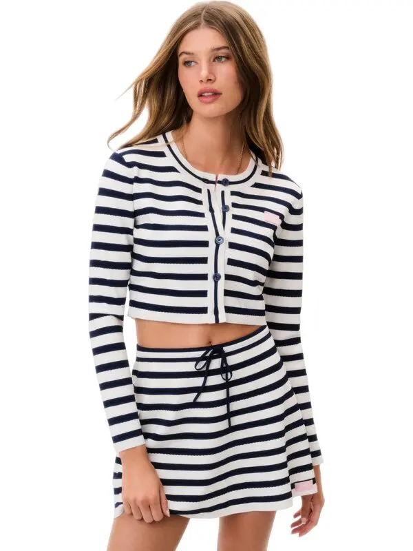 LoveShackFancy Avanette Striped Stretch Knit Cropped Cardigan - Sailor Night