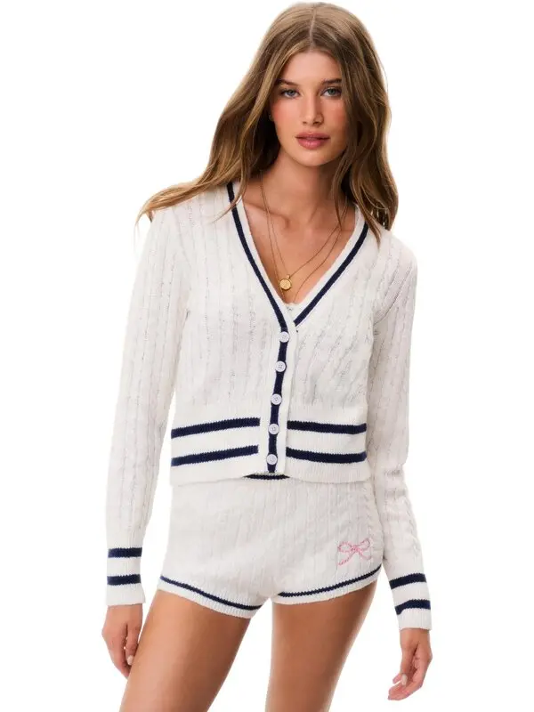 LoveShackFancy Evabella Cable Knit V-neck Cardigan With Striped Trim - Seaspray Ivory