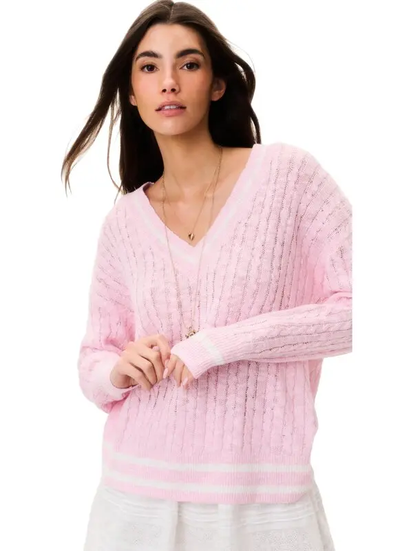 LoveShackFancy Jessanna Linen-cotton Cable Knit V-neck Pullover - Polo Blush