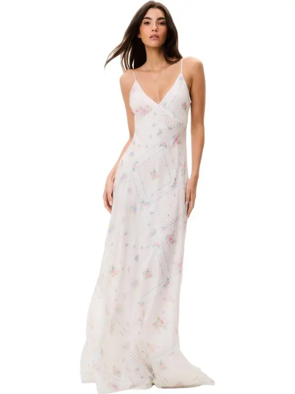 LoveShackFancy Castilla Silk Maxi Dress With Floral Patchwork - Rainbow Sprinkles