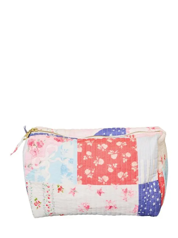 LoveShackFancy Octavia Patchwork Quilted Cosmetic Bag With Bow Detail - Blueberry Sundae