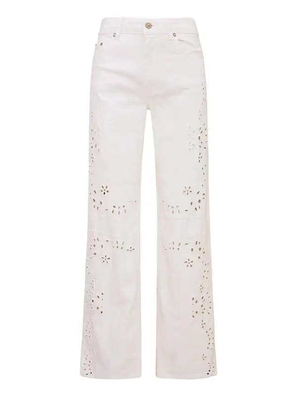 LoveShackFancy Dellah Floral Eyelet Wide Leg Jeans - Ivory