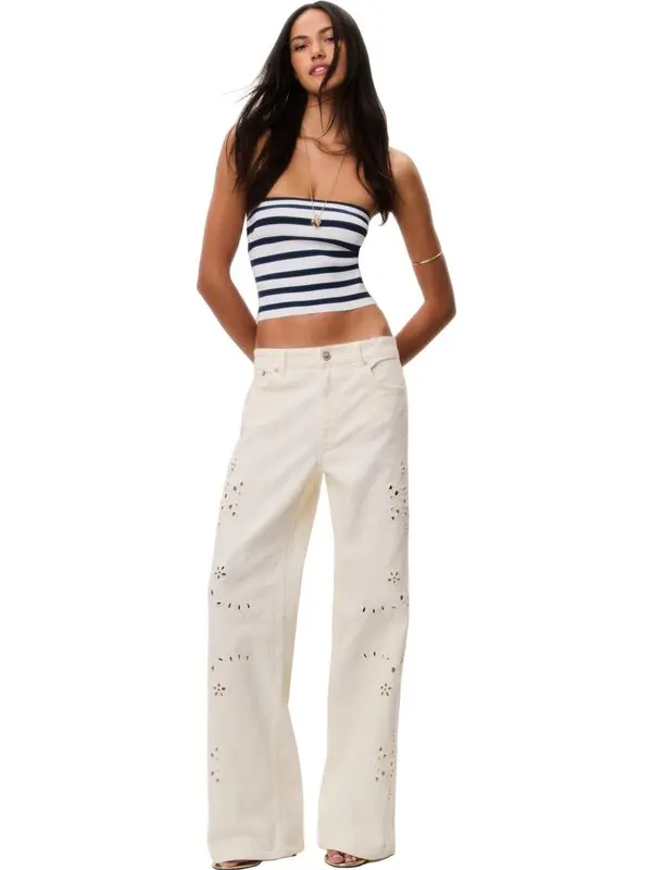LoveShackFancy Dellah Floral Eyelet Wide Leg Jeans - Ivory