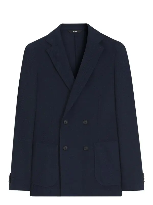 BOSS Double-breasted Slim-fit Blazer In Patterned Cotton - Dark Blue