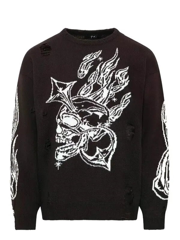THUG CLUB Chrome Skull Distressed Knit Sweater - Black