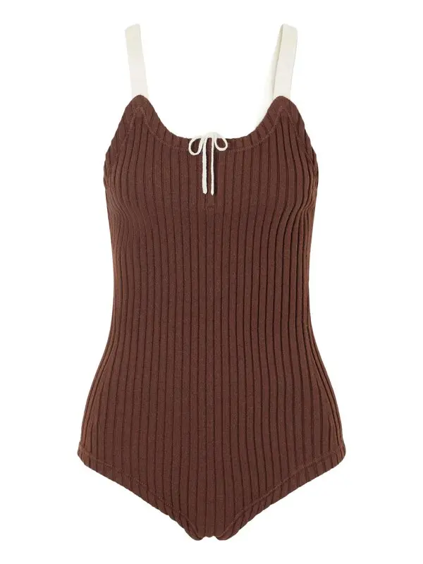 Tory Burch Color-block Ribbed-knit Wool And Cotton-blend Bodysuit - Brown
