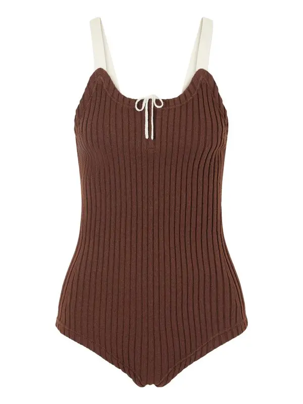 Tory Burch Color-block Ribbed-knit Wool And Cotton-blend Bodysuit - Brown