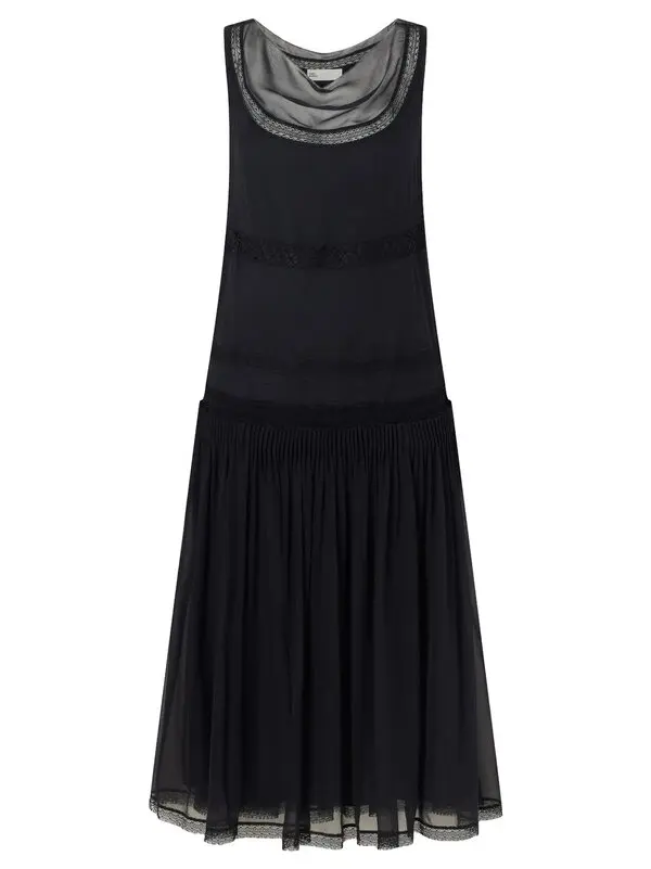 Tory Burch Pleated Lace-trimmed Silk-georgette Midi Dress - Black