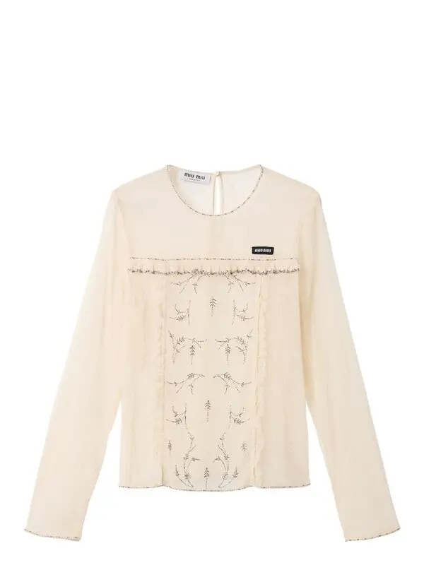 Miu Miu Embroidered Tulle Long Sleeve Top - Natural