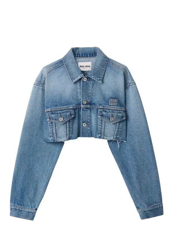 Miu Miu Cropped Washed Denim Jacket - Navy