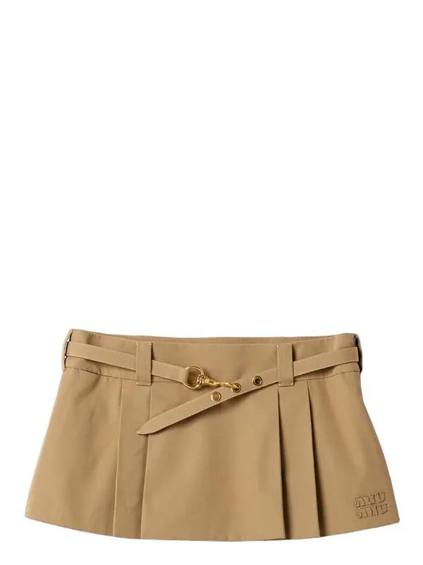 Miu Miu Pleated Poplin Miniskirt With Leather Belt - Cork Beige