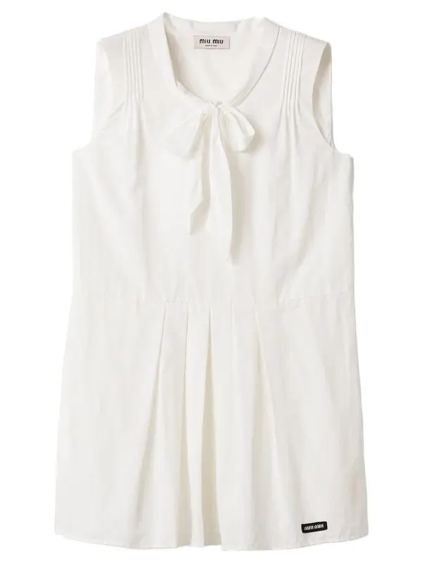 Miu Miu Slubbed Poplin Sleeveless Dress With Bow Detail - White