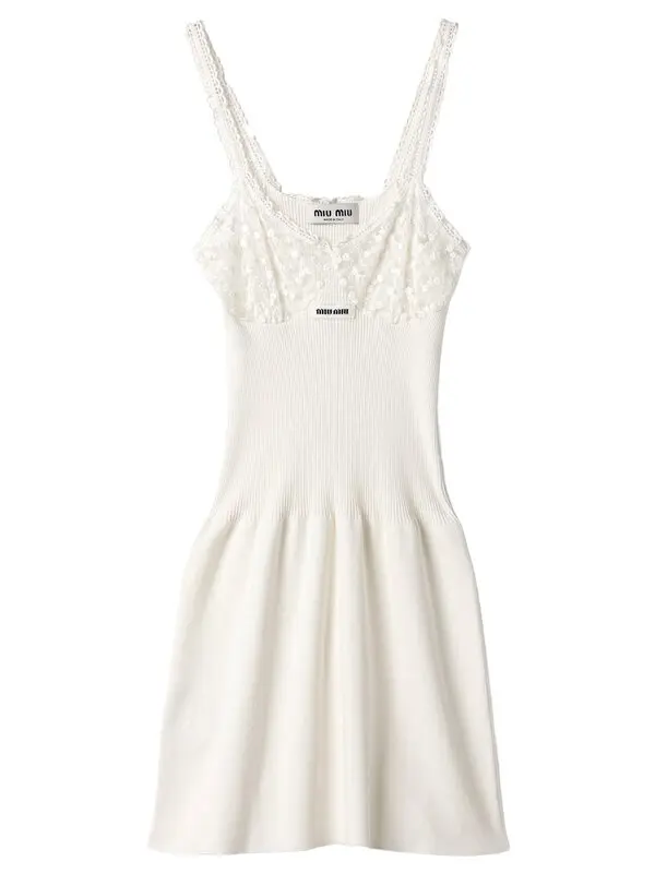 Miu Miu Ribbed Knit And Lace Dress - White