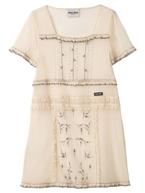 Miu Miu Embroidered Tulle Mini-dress - Natural