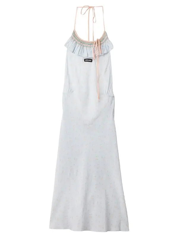 Miu Miu Embroidered Floral Print Marocain Crepe Dress - Sky Blue/peach