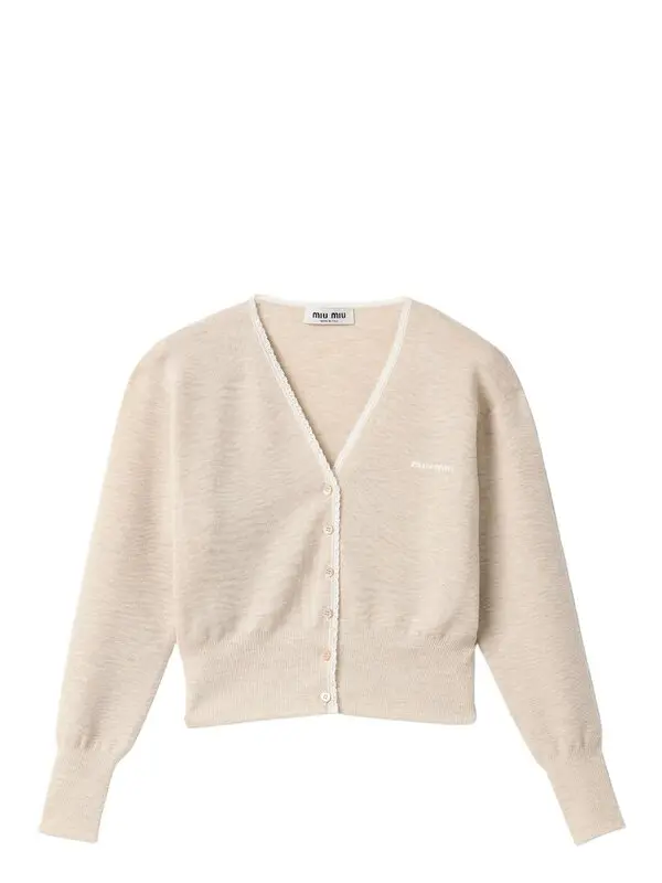 Miu Miu Cashmere Cropped Cardigan With Lace Trim - Ivory