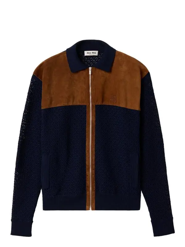 Miu Miu Crochet And Suede Cardigan - Navy