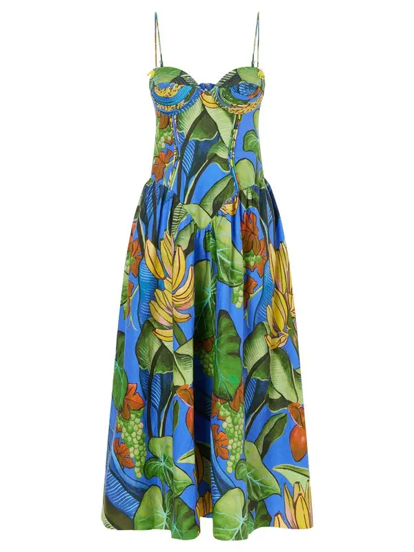 Farm Rio Banana Grapes Print Linen-blend Midi Dress - Blue