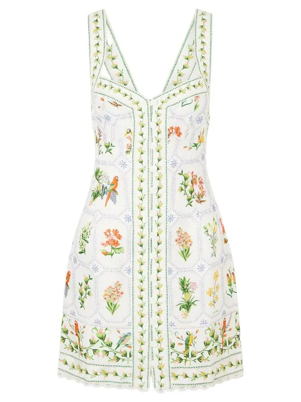 Farm Rio Tropical Porcelain Printed Linen Mini Dress - White