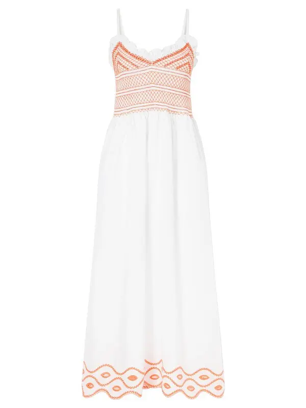 Loretta Caponi Bianca Embroidered Shirred Cotton Midi Dress - White