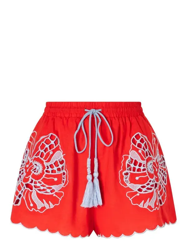 Farm Rio Embroidered Linen-blend Shorts - Red