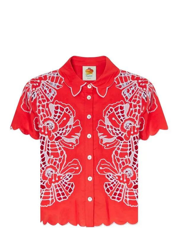 Farm Rio Embroidered Linen-blend Shirt - Red