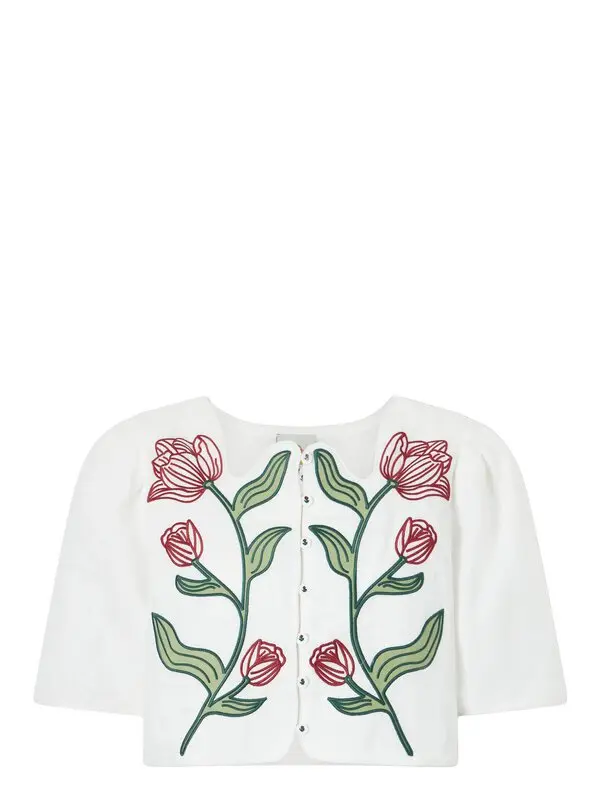 Farm Rio Floral Embroidered Cropped Linen Top - Neutrals