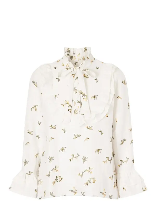 CRISTIANO MARCHELI Valeria Embroidered Linen Ruffle Blouse - White