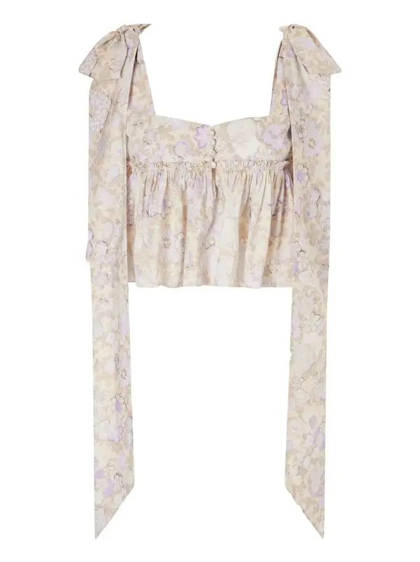 Chloé Floral-print Cotton-poplin Cropped Top With Bow Detail - Purple