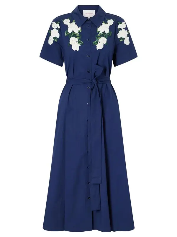Carolina Herrera Belted Floral Embroidered Cotton-blend Midi Dress - Blue
