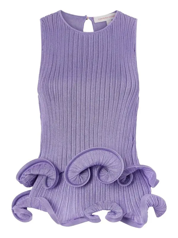 Carolina Herrera Tiered Ruffled Ribbed-knit Blouse - Purple