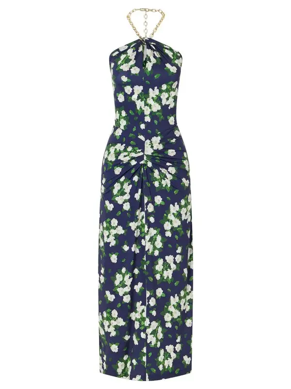 Carolina Herrera Floral Print Embellished Satin Halterneck Midi Dress - Blue