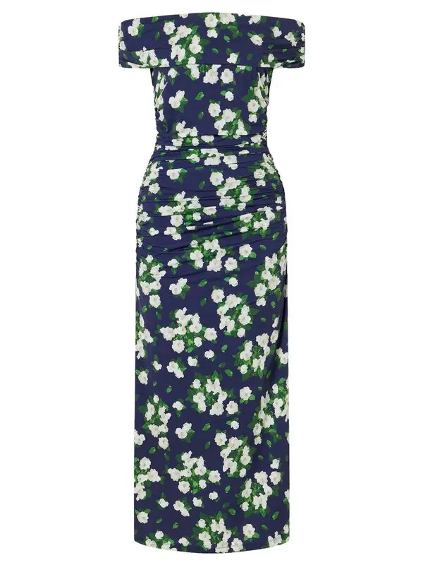 Carolina Herrera Off-shoulder Floral Print Gathered Satin Midi Dress - Blue