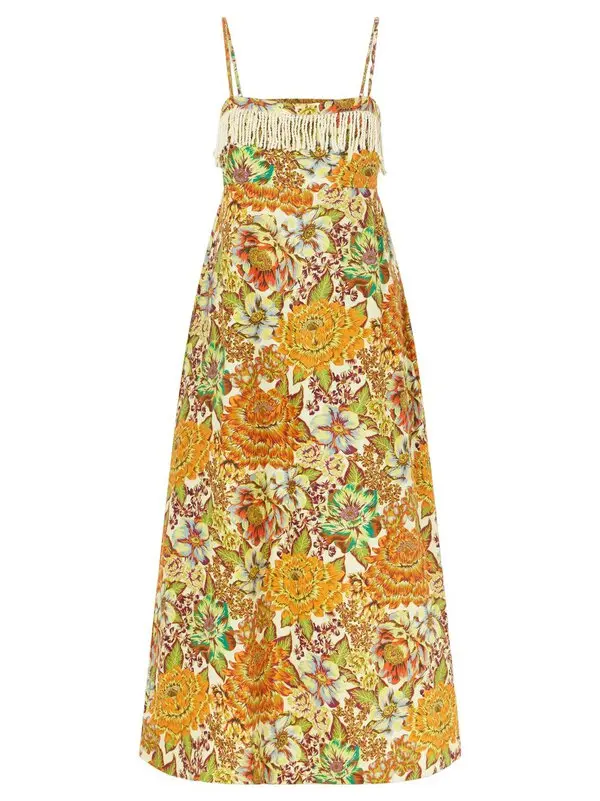 ALEMAIS Lana Fringed Floral-print Linen Midi Dress - Yellow