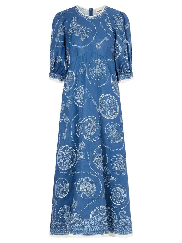 ALEMAIS Lucky Printed Linen Midi Dress - Blue