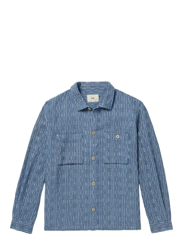 Folk Patch Basketweave Cotton Overshirt - Blue