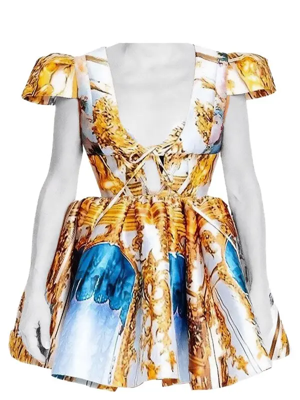 MAXJENNY Print Puff Sleeve Mini Dress - Blue/gold