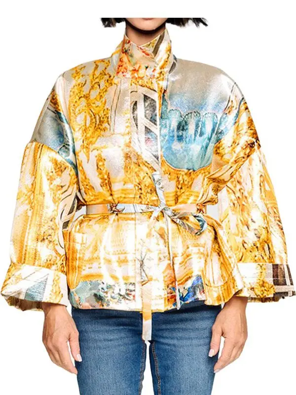MAXJENNY Square Boxy Jacket En Roof" Printed Metallic Polyester Jacket - Gold
