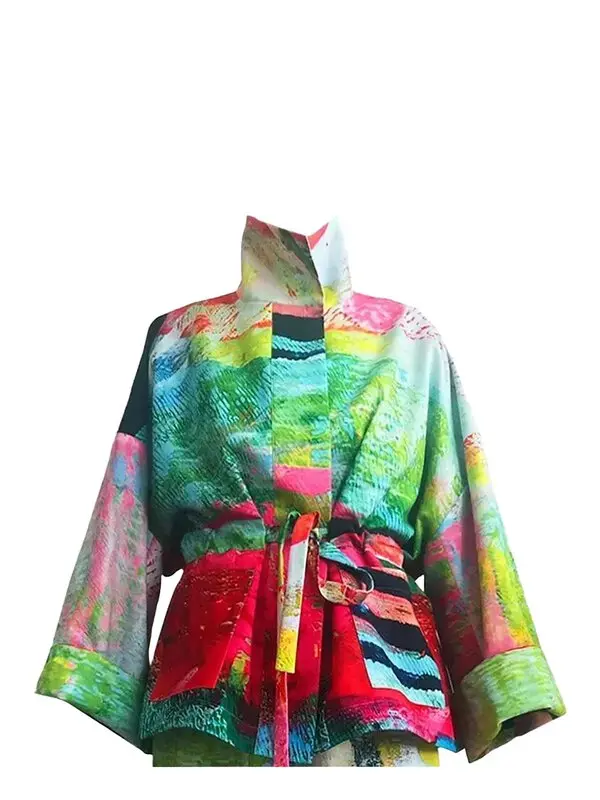 MAXJENNY Printed Boxy Jacket With Stand Collar And Belt - Green/red
