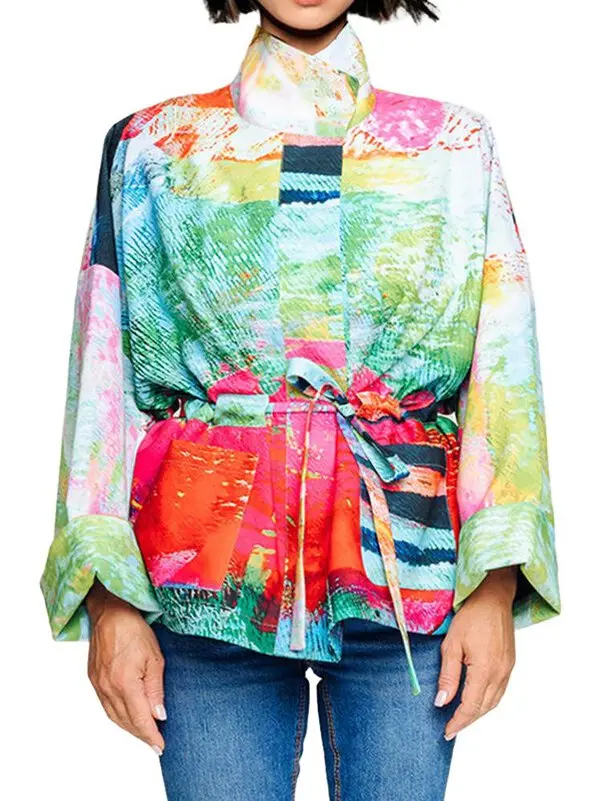 MAXJENNY Printed Boxy Jacket With Stand Collar And Belt - Green/red