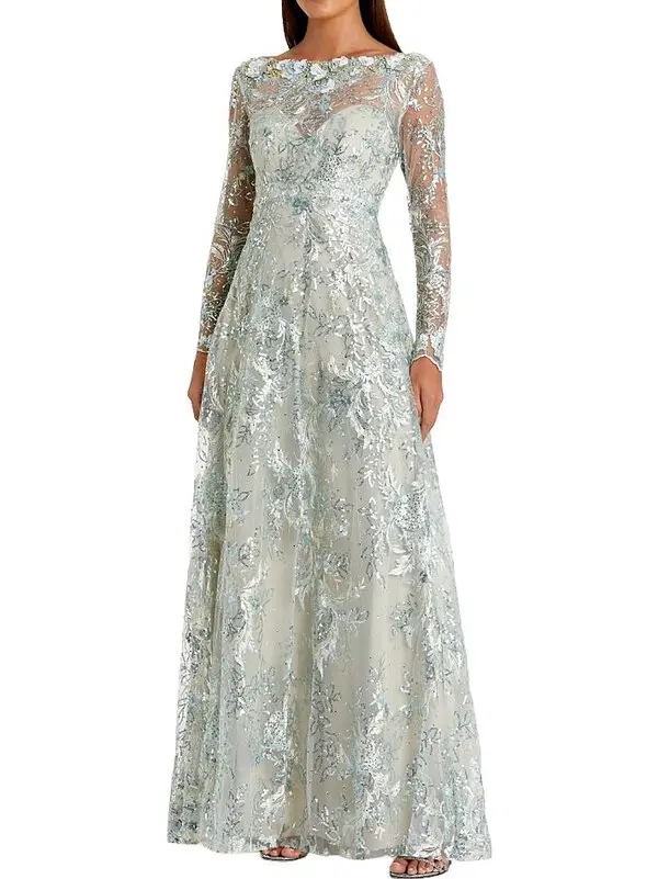 Mac Duggal Floral Embroidered Illusion Long Sleeve Gown - Mist