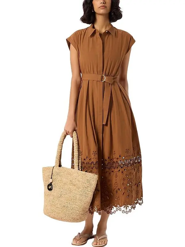 Whistles Cotton Broderie Shirt Dress - Camel